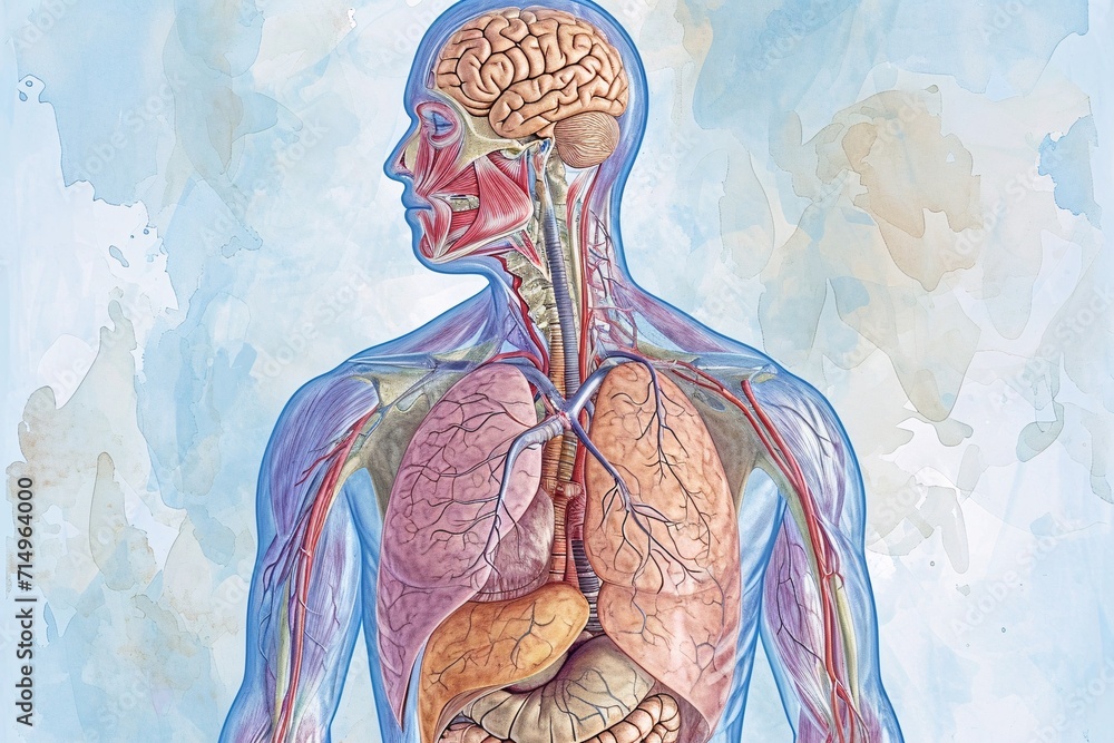 A detailed illustration of a human body, focusing on the internal ...