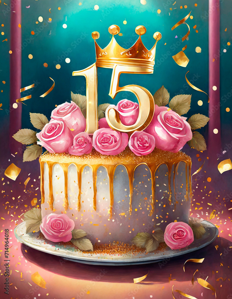 Pastel de cumpleaños con el número 15 en la parte superior y una corona ...