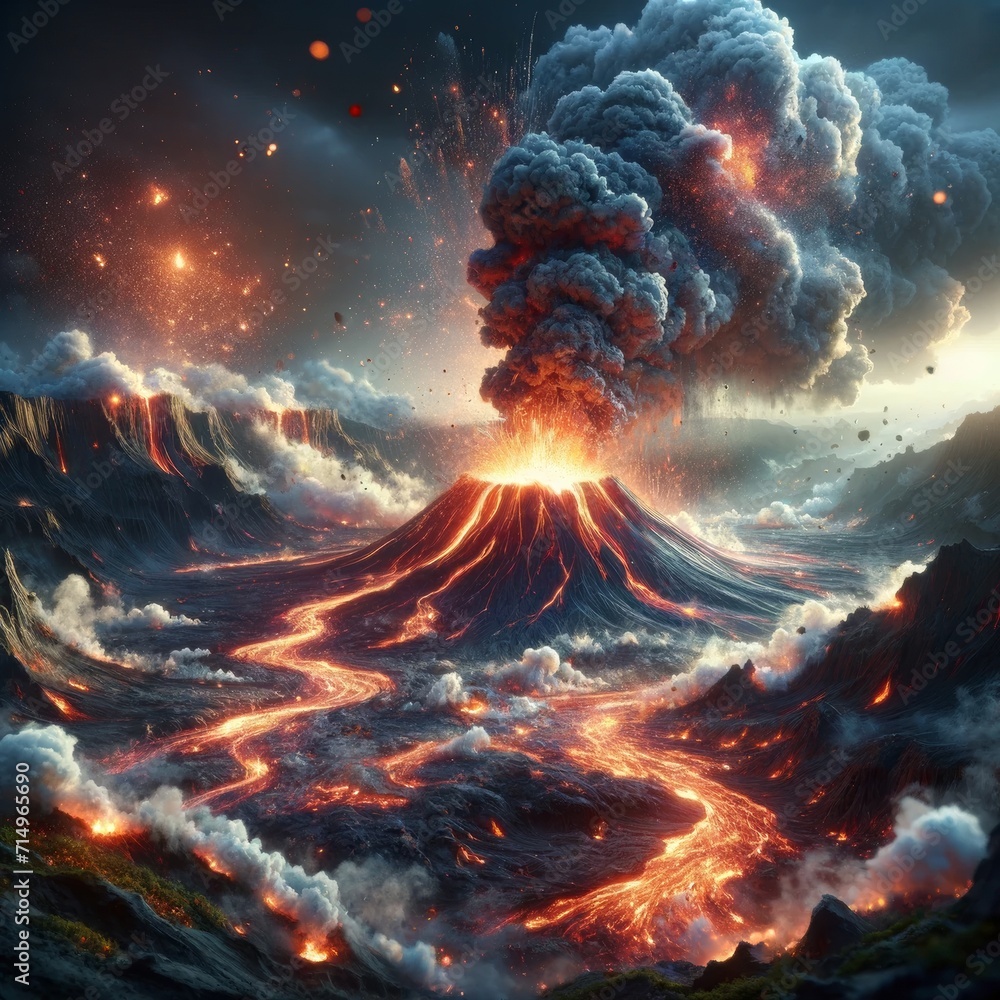 Epic volcanic eruption with flowing lava and ash Stock Illustration ...