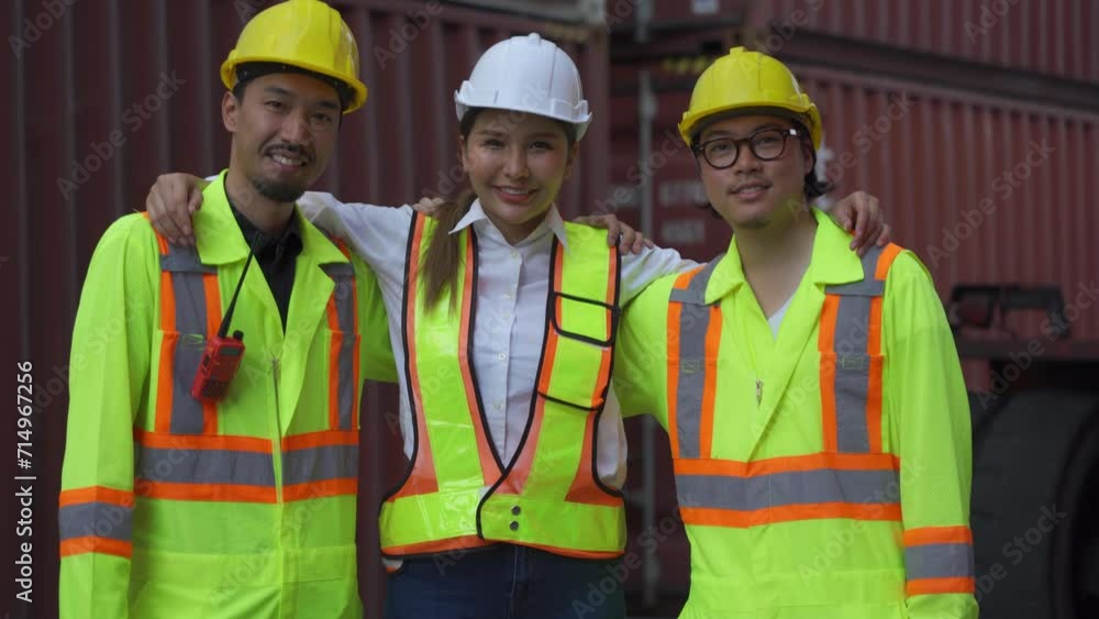 Three construction workers wearing safety gear and vests pose for a ...