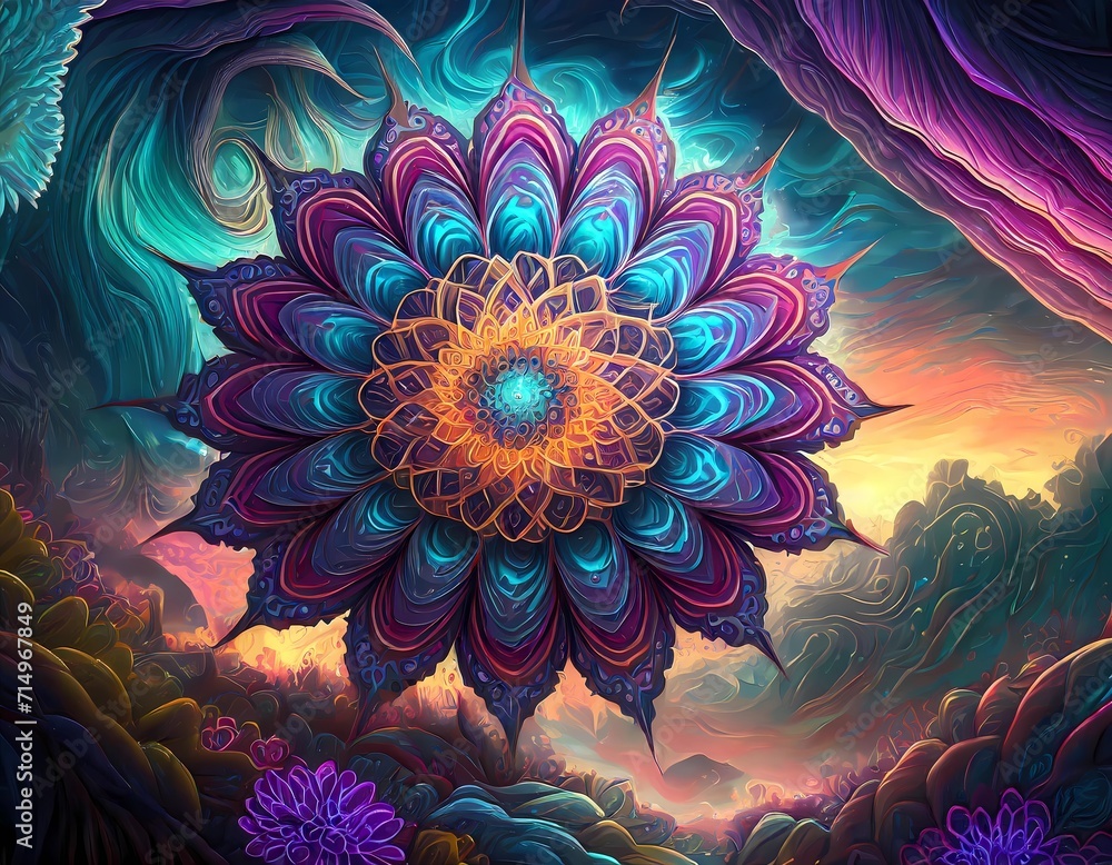 colorful mandala flowers from the 60s and 90s, retro, flower power ...