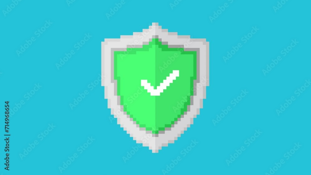 Pixel Art animation of security shield with protection checkmark on ...