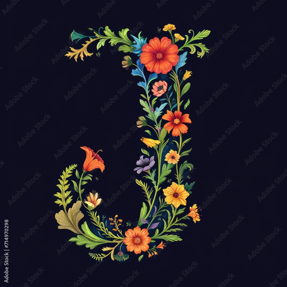 Floral Split Alphabet J Monogram, Split Letter, Split Font, Floral ...