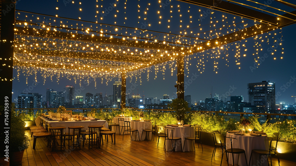 A rooftop dinner setup under a canopy of fairy lights, featuring an ...