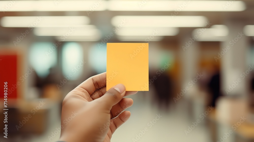 man holding empty blank yellow paper note with urban modern indoor ...