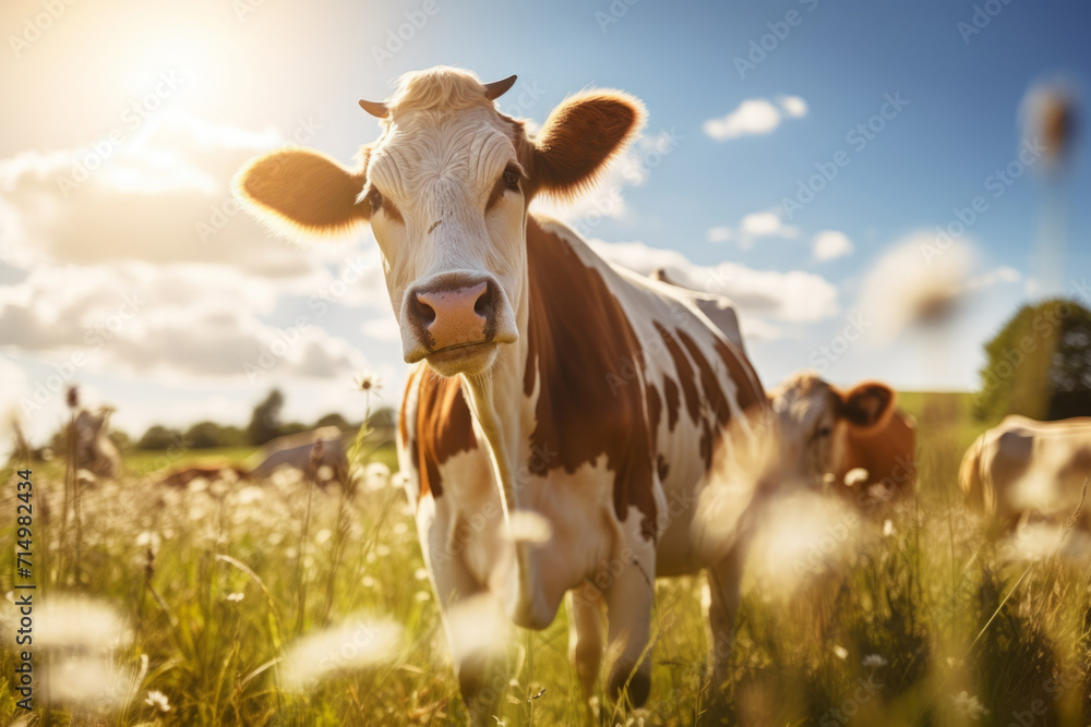 cow in sunny grass field, in the style of pet care. nature-inspired ...