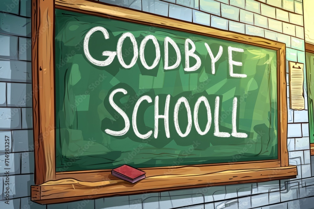 Goodbye school. Chalk inscription on the school green blackboard on the ...