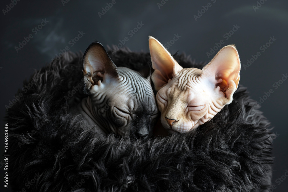 Two sphynx cats, a light one and a dark one, together in a fluffy ...
