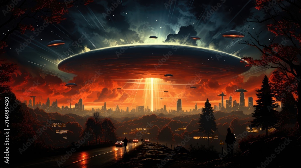 Pulp illustration of an alien invasion in a retro city, classic pulp ...