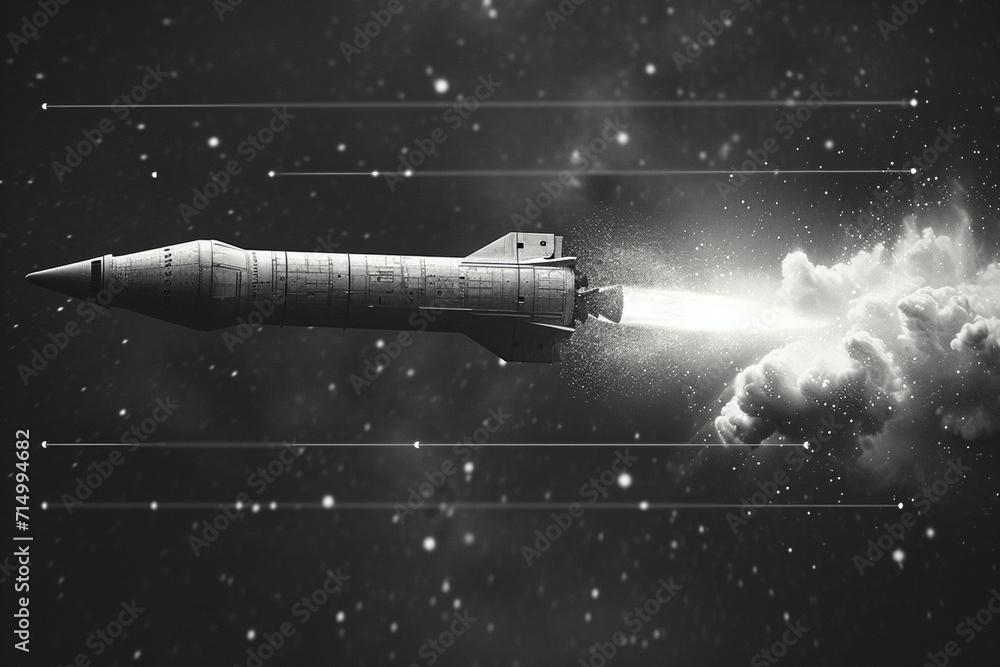 An image of a rocket, with its flight path marked by a dotted line on a ...