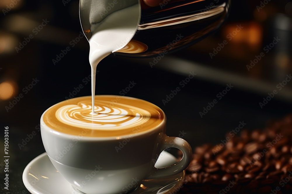Latte Art Cappuccino coffee texture, Barista pouring milk into a cup of ...