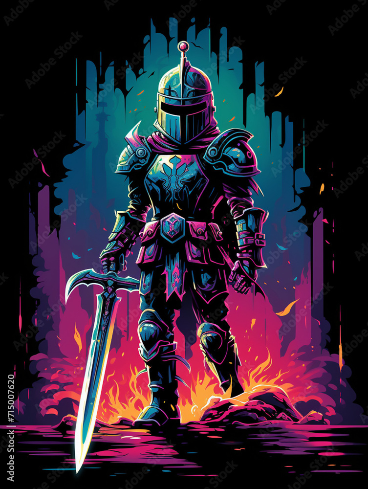T-shirt design, 16-bit pixel art, retro arcade, pixelated knight with ...