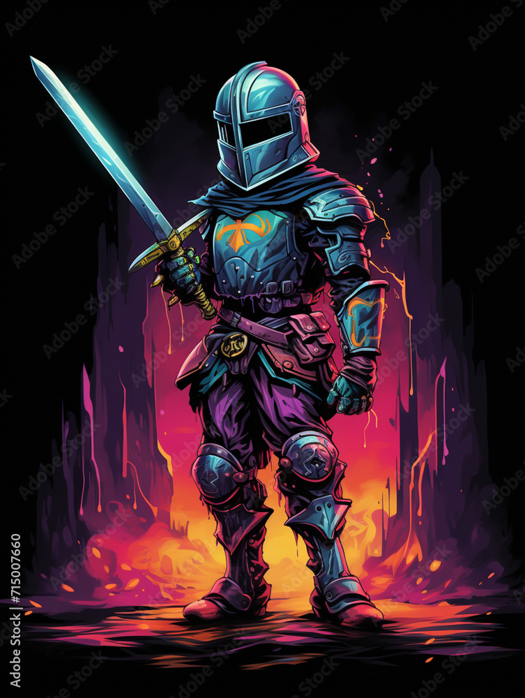 T-shirt design, 16-bit pixel art, retro arcade, pixelated knight with ...