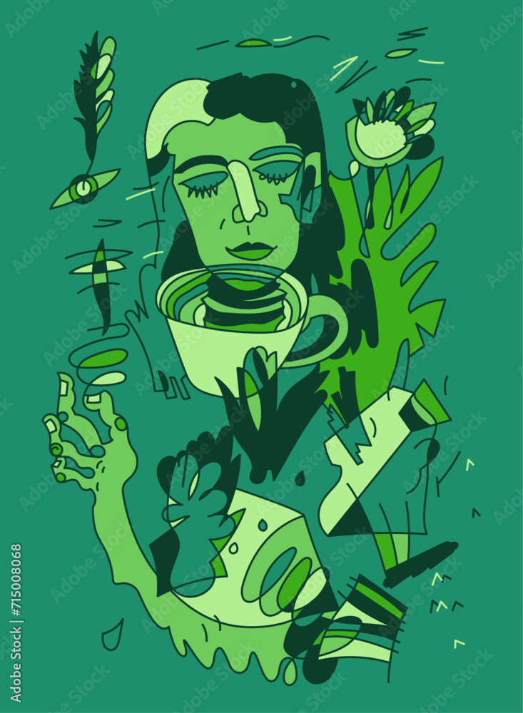 Vector illustration for coffee lovers and enthusiasts. Creative surreal illustration. Line art ...