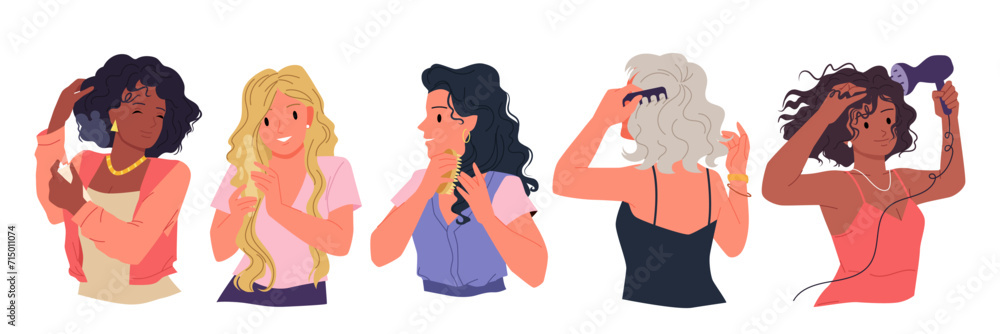 Girls take care of curly and wavy hair set vector illustration. Cartoon ...