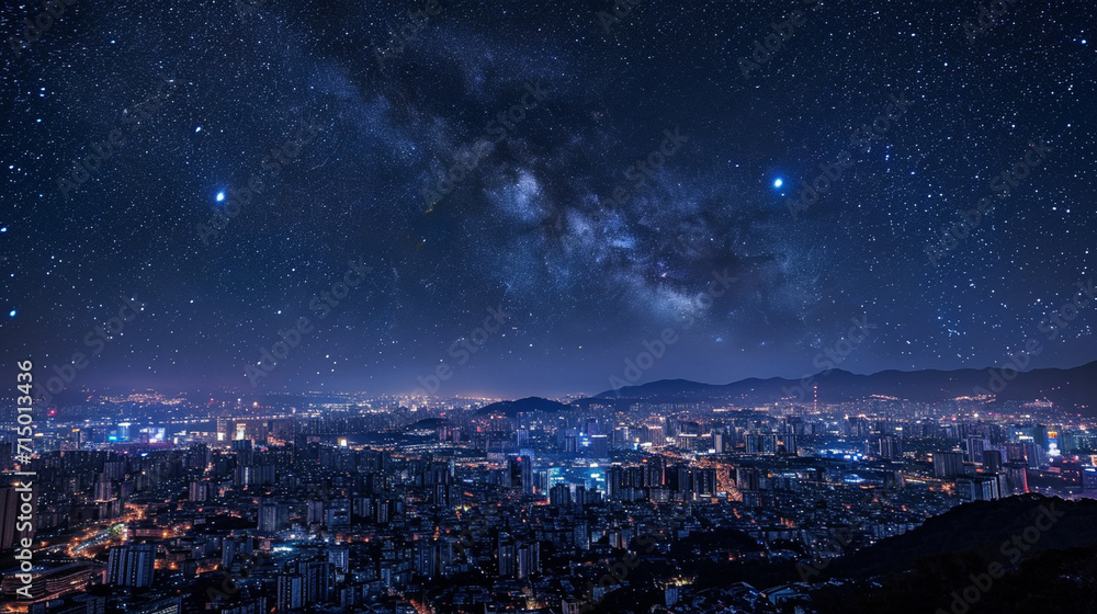 A star-studded night sky above a cityscape where lights are dimmed for ...