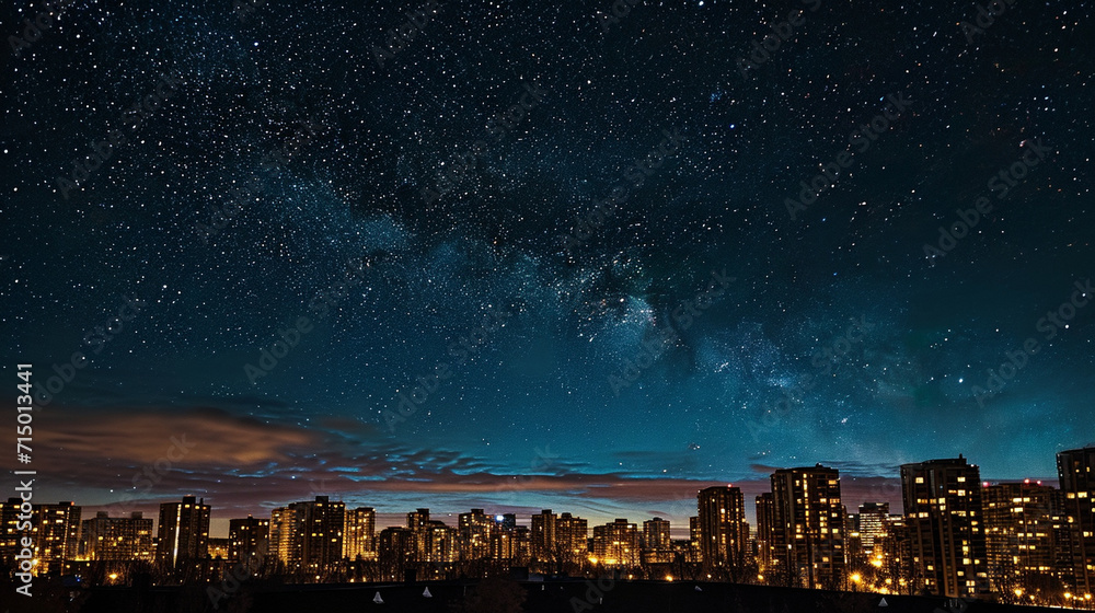A star-studded night sky above a cityscape where lights are dimmed for ...