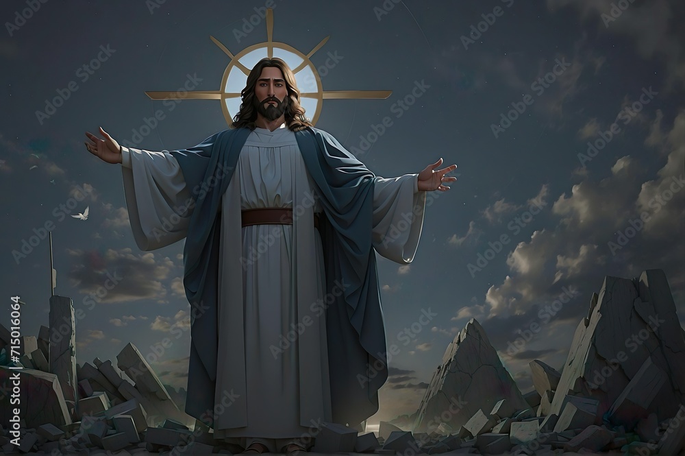 Foto de Jesus Christ with a halo and outstretched arms amid rubble as a ...
