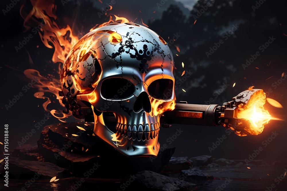 a dark and moody depiction of a skull with flames coming out of its eye ...