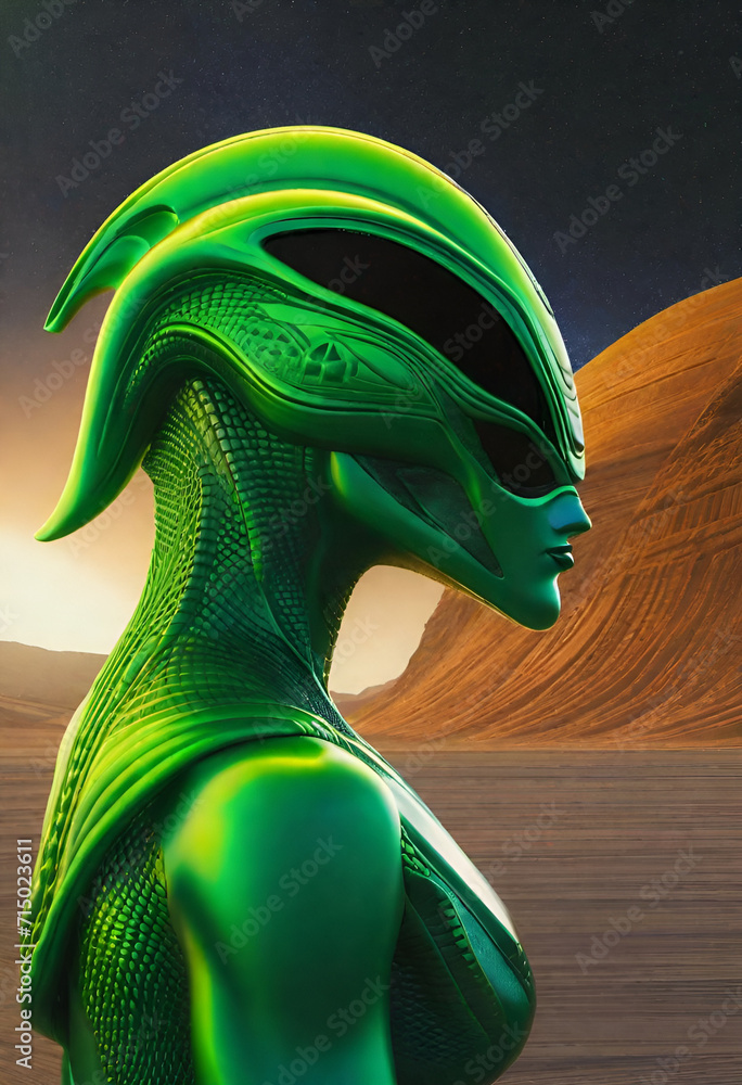 Green thick skinned alien with spinal head standing in desert ...