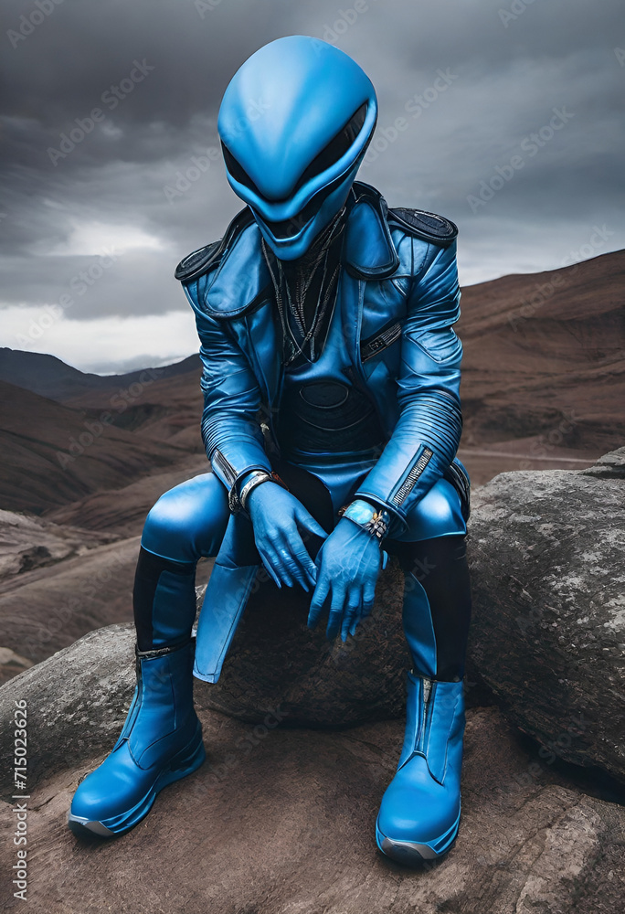 Biker suit wearing blue skin alien in New Mexico desert Stock ...