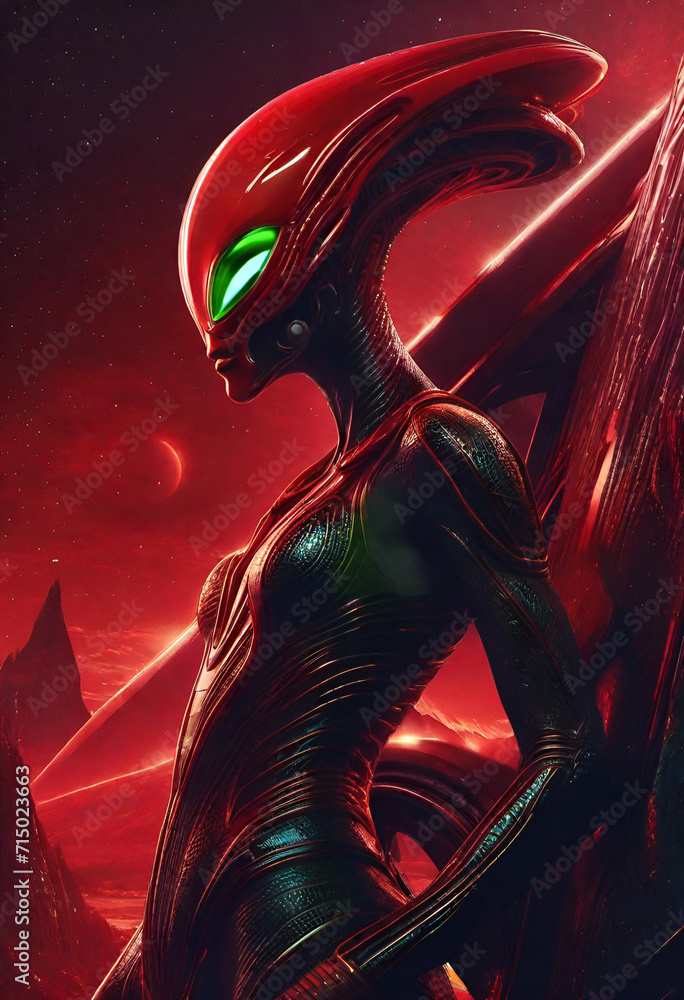 Slender red alien on abstract red background with neon green eyes and ...