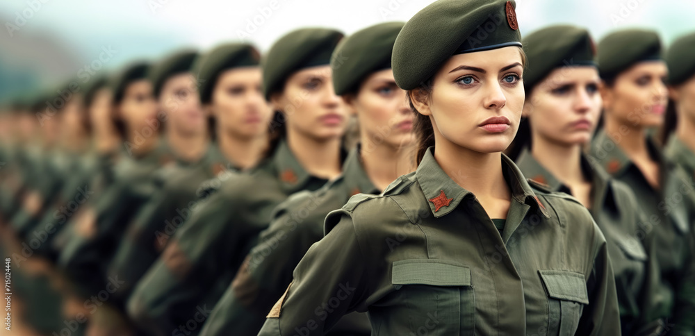 Group of young women in military uniforms standing at army ceremony or ...