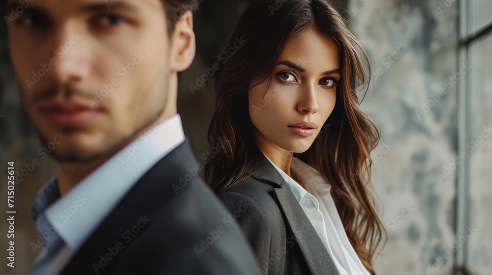 Dramatic pose of a young couple, tells a story, handsome male CEO ...
