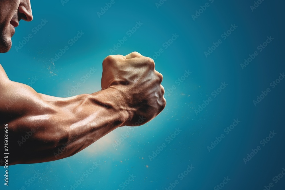 A powerful, muscular man's hand with a big fist. A punch on a blue ...