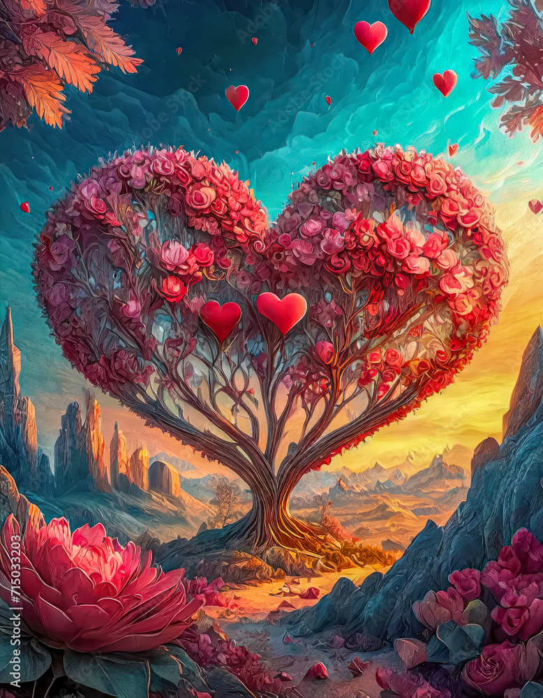 Illustration d'un arbre avec coeurs et roses rouge, Saint Valentin ...