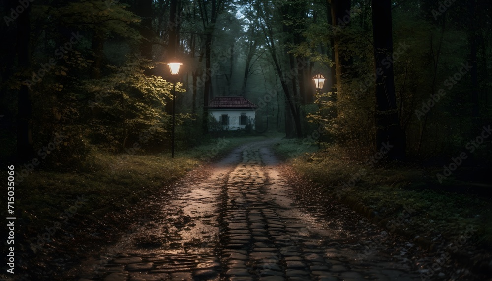 Split cobbled path in the middle of the forest at night, an old light ...