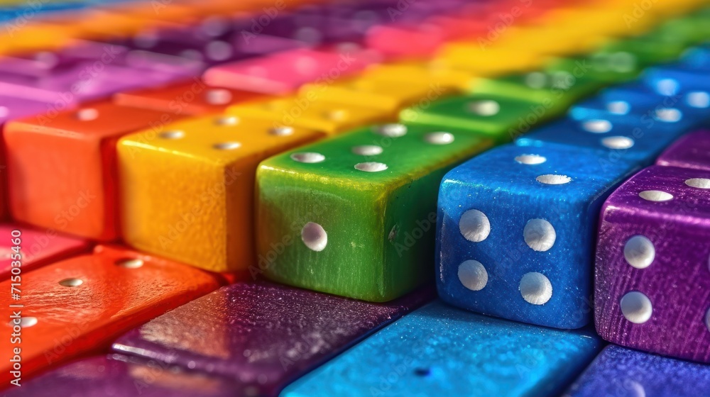 a close up of a rainbow colored domino board with white dots on each ...