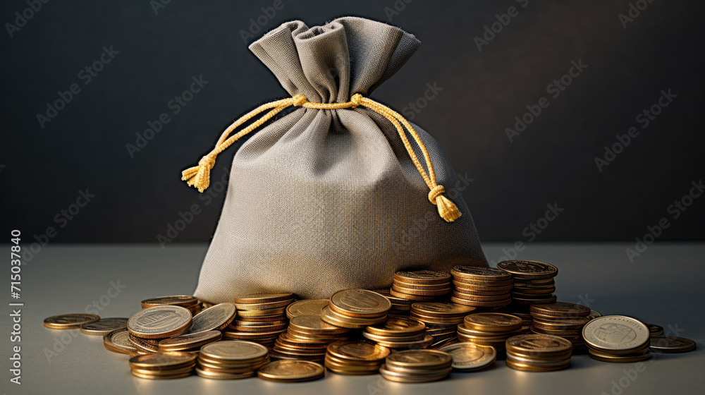 Textured linen money sack tied with a rope, overflowing with stacks of ...
