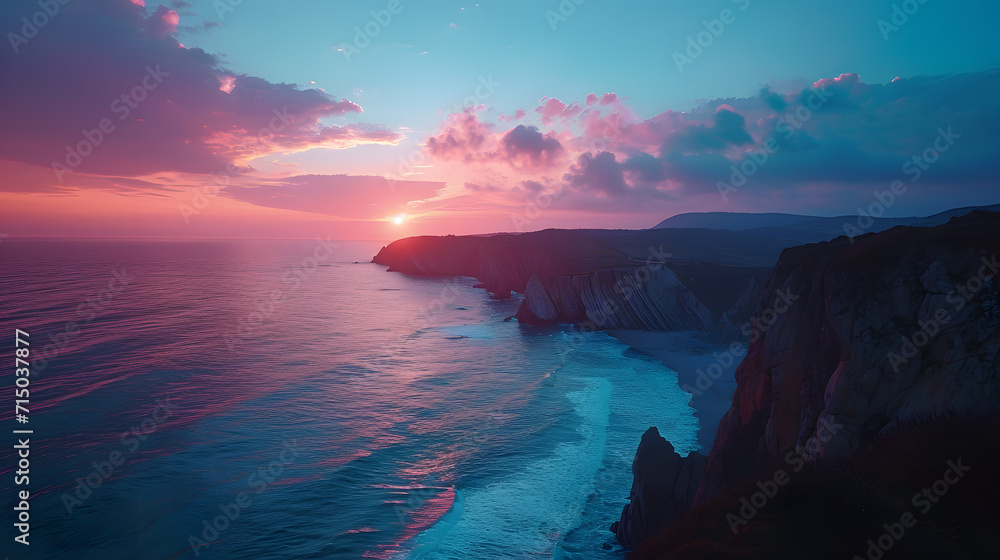 A cliffside view, with gradient neon oceans and pastel skies, during an ...