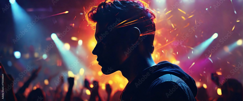 The Portrait in a silhouette double exposure. The Concert, a musician ...