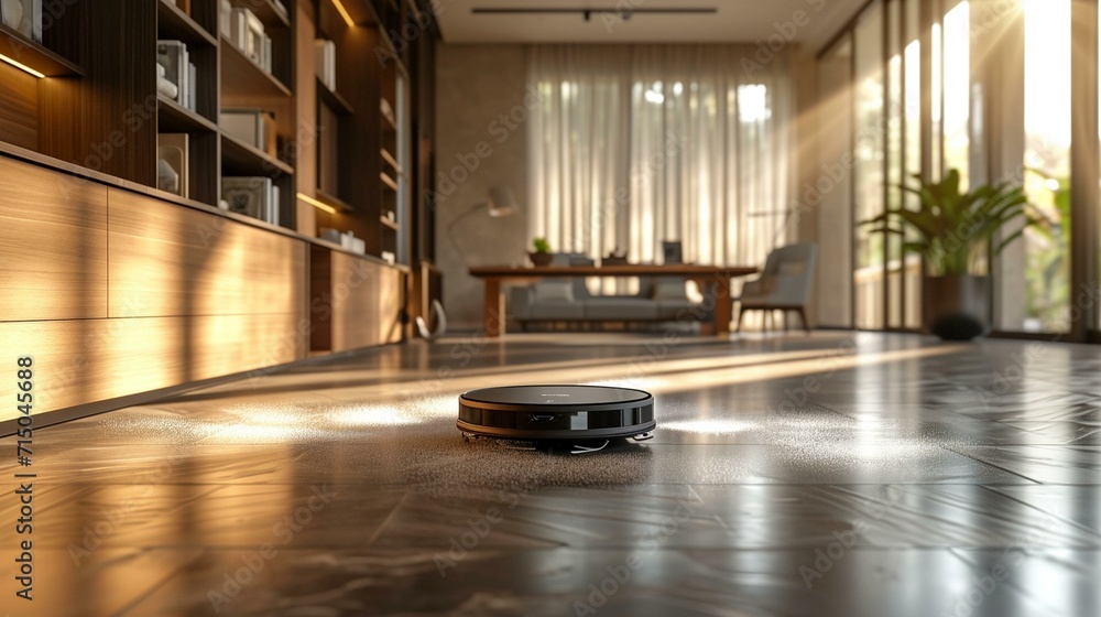 Advanced robotic duster navigating and dusting surfaces in a well-lit ...