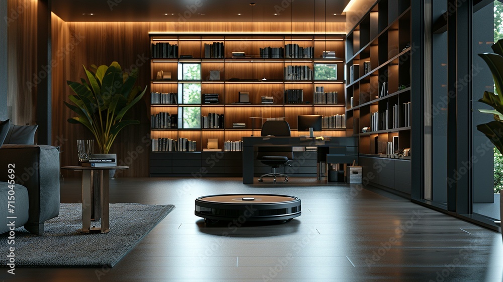 Advanced robotic duster navigating and dusting surfaces in a well-lit ...