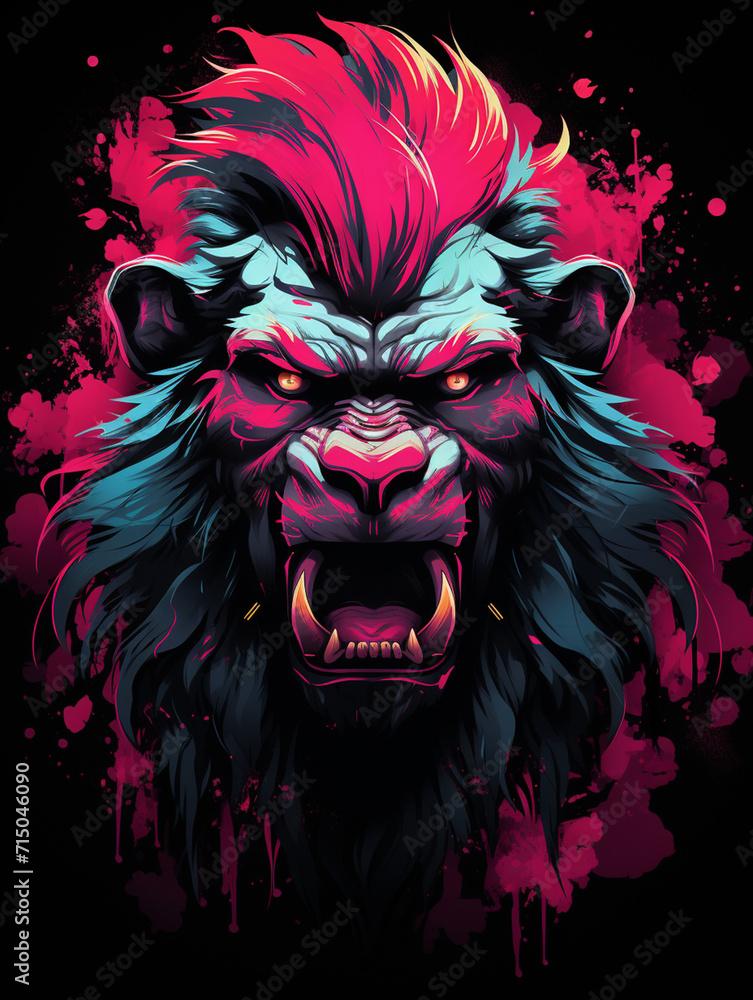 T-shirt design, Motive featuring a fierce gorilla with a vibrant pink ...