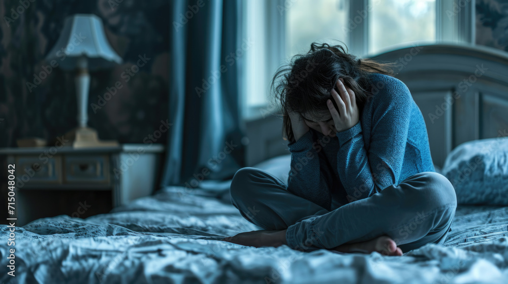 Person sitting on a bed with their head in their hands, appearing to be ...