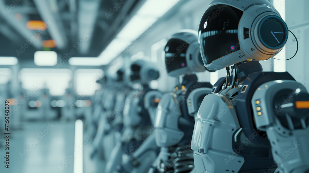 Advanced Humanoid Robots Lined up in Modern Lab. A row of advanced ...