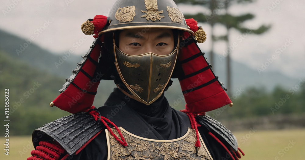 A fierce Japanese samurai, clad in red armor and a menacing mask ...