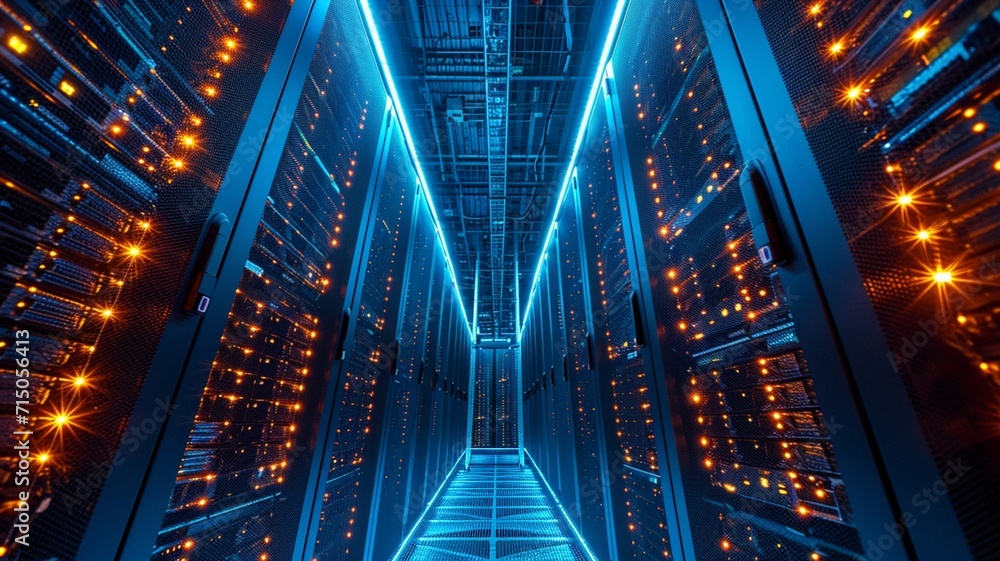 bird's-eye view, array of secure servers in a data center, top view in ...
