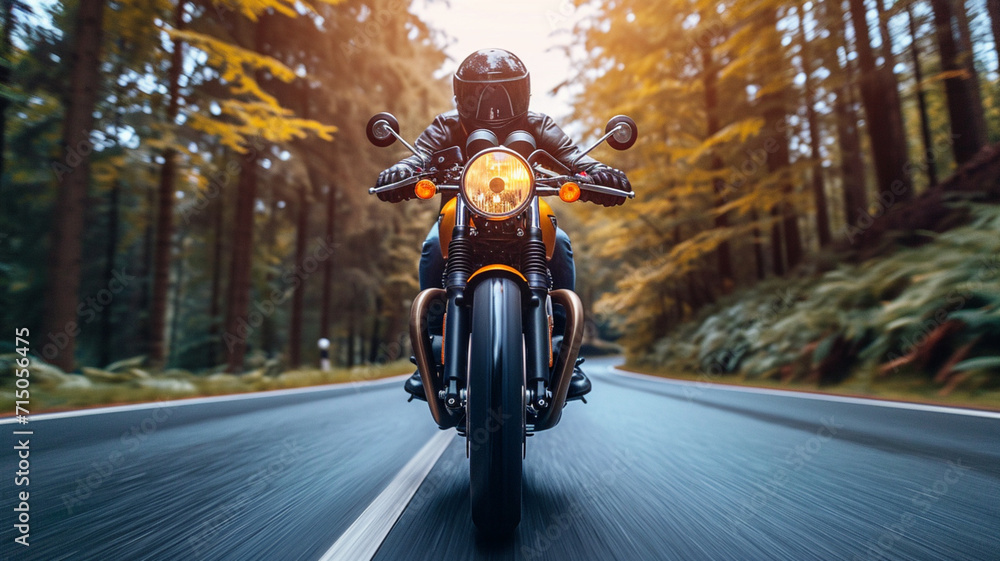 Motorcyclist riding on a scenic forest road, captured in motion with a ...