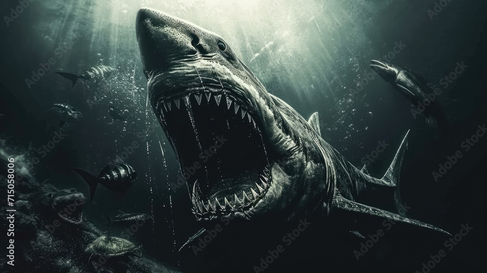 The photograph captures a shark, its mouth wide open in a silent roar ...