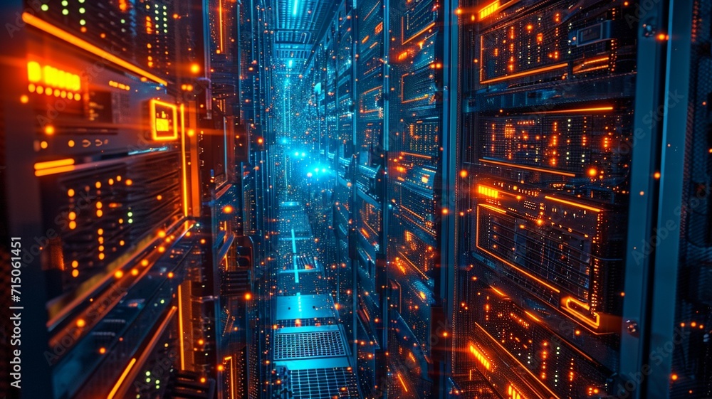 bird's-eye view, array of secure servers in a data center, top view in ...