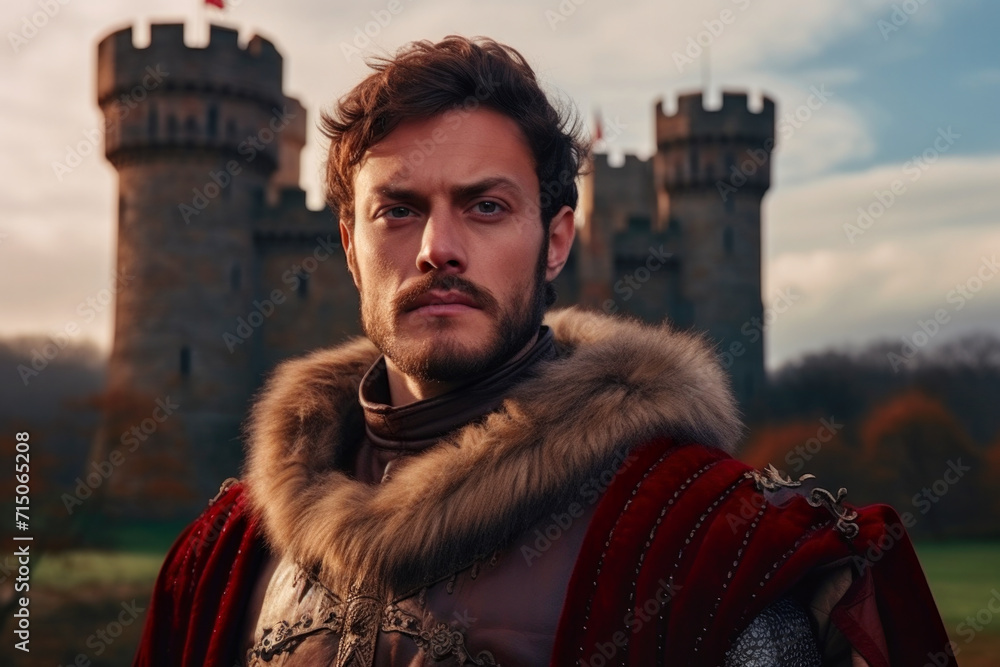 Portrait of the young Henry VIII in front of a medieval castle ...
