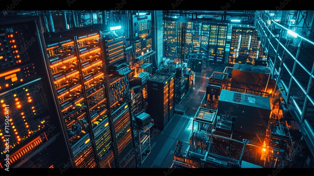 bird's-eye view, array of secure servers in a data center, top view in ...