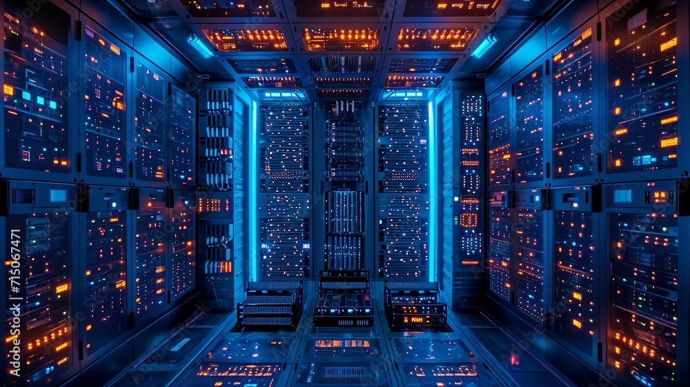bird's-eye view, array of secure servers in a data center, top view in ...