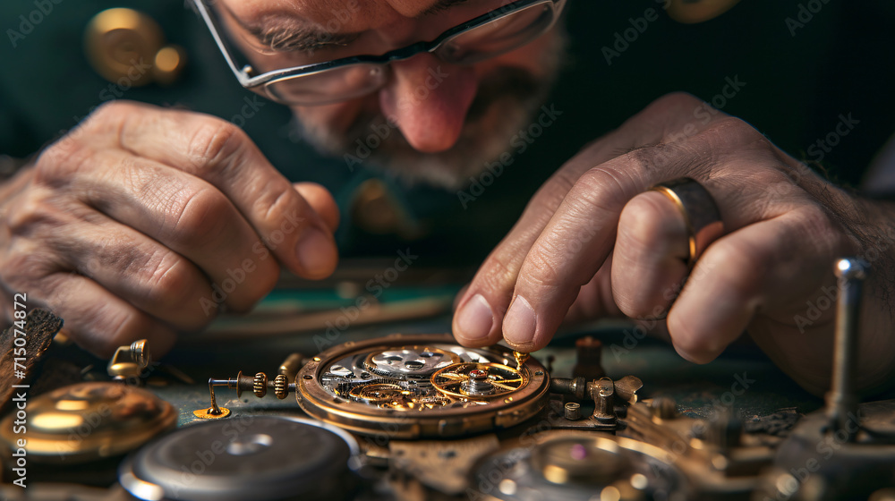 Master watchmaker repairing a vintage mechanical watch. Close-up ...
