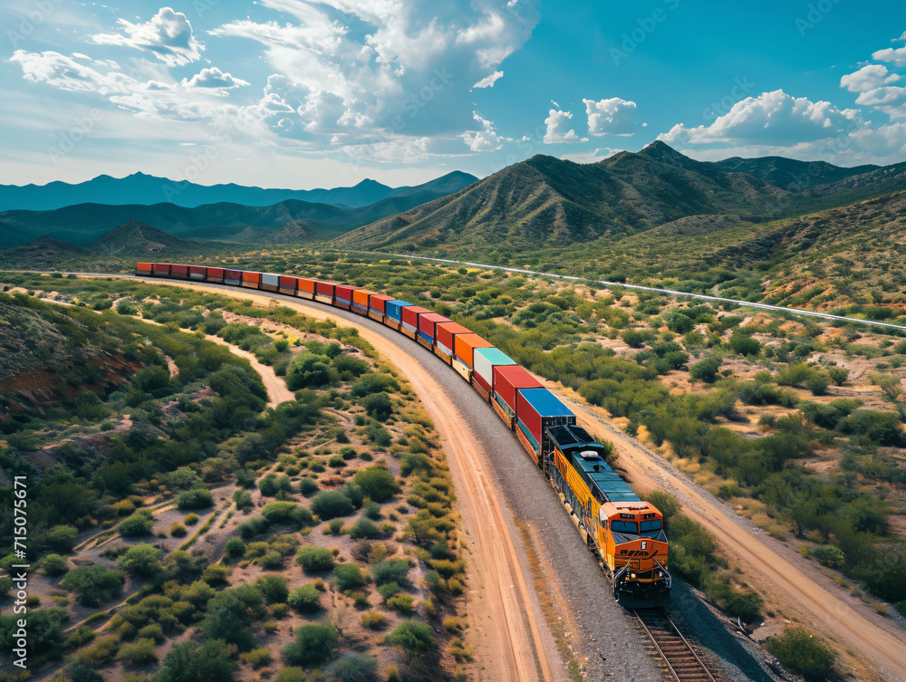 Freight cargo train traversing desert terrain. Efficient transport and ...